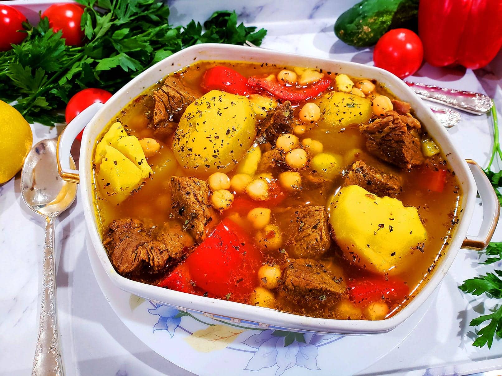 Beef Stew with Potatoes, Peppers, and Chickpeas | Simple Tasty Eating